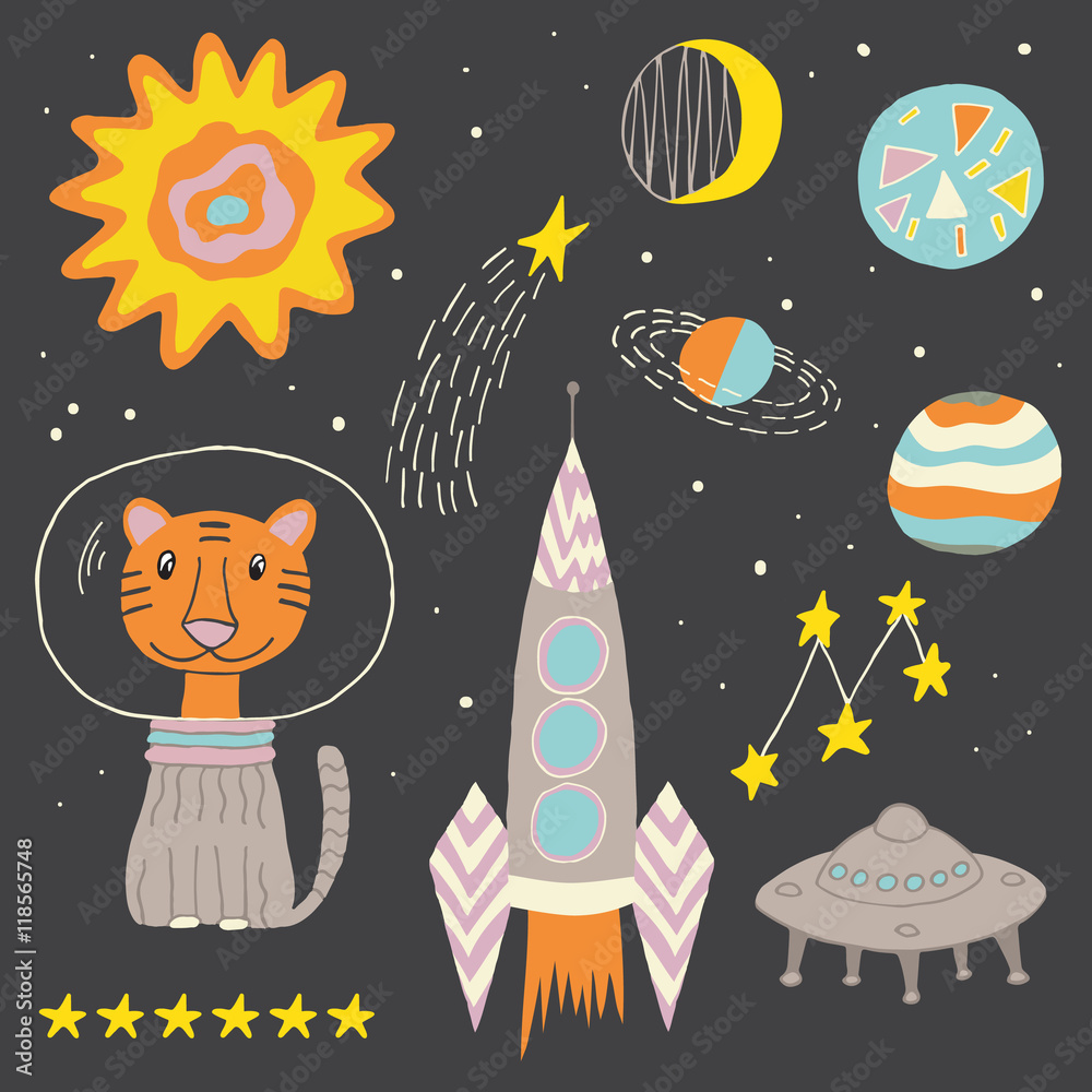 Outer space child geometric set with friendly tiger, sun, moon, planets ...