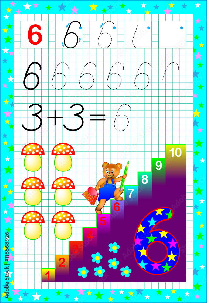 Educational page for children with number six. Developing skills for ...