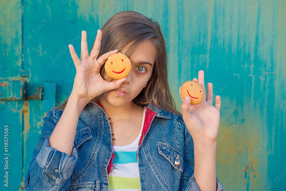 Girl and cookies. Teen girl eating tasty cookies. Girl eating chocolate ...