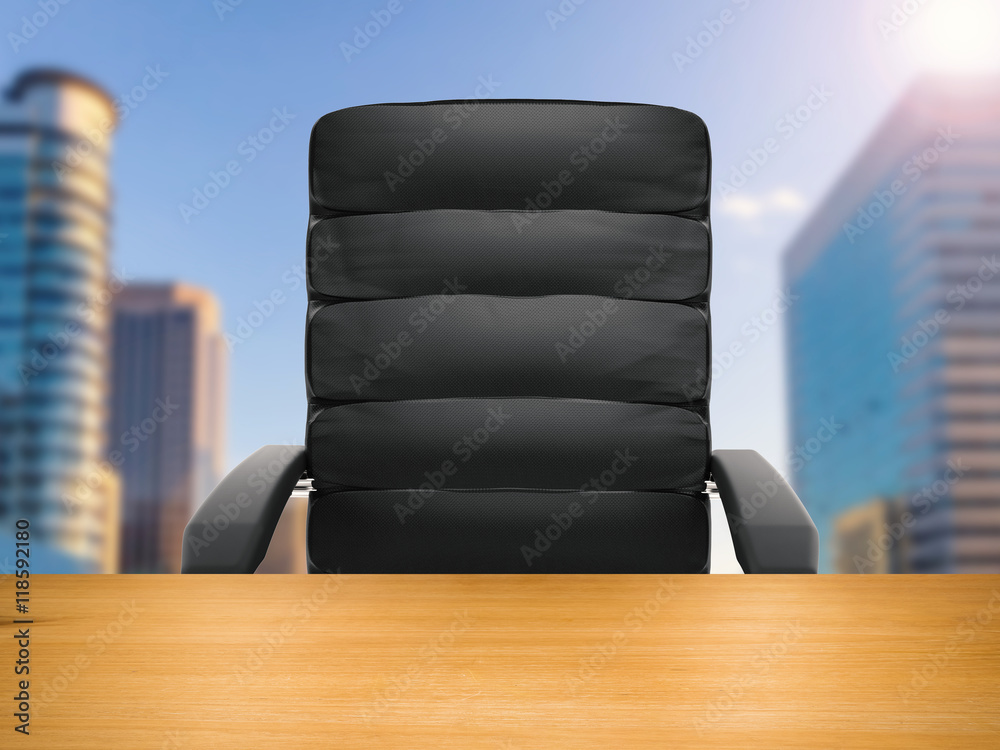 wooden table with 3d rendering office chair on office building ...