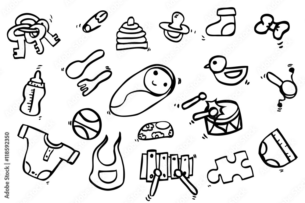 Outline hand draw sketch, baby stuff, isolated on White Stock ...