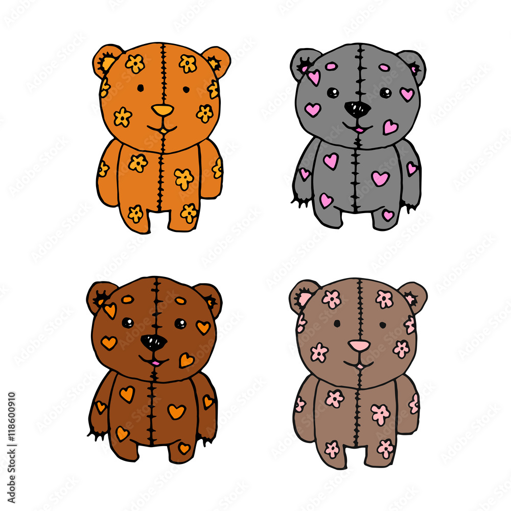 Set of cartoon doodle bear, isolated images for little kids. Hand drawn ...