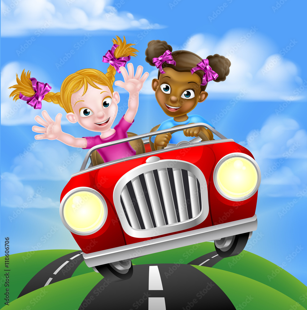 Cartoon Girl Children Driving Car Stock Vector | Adobe Stock
