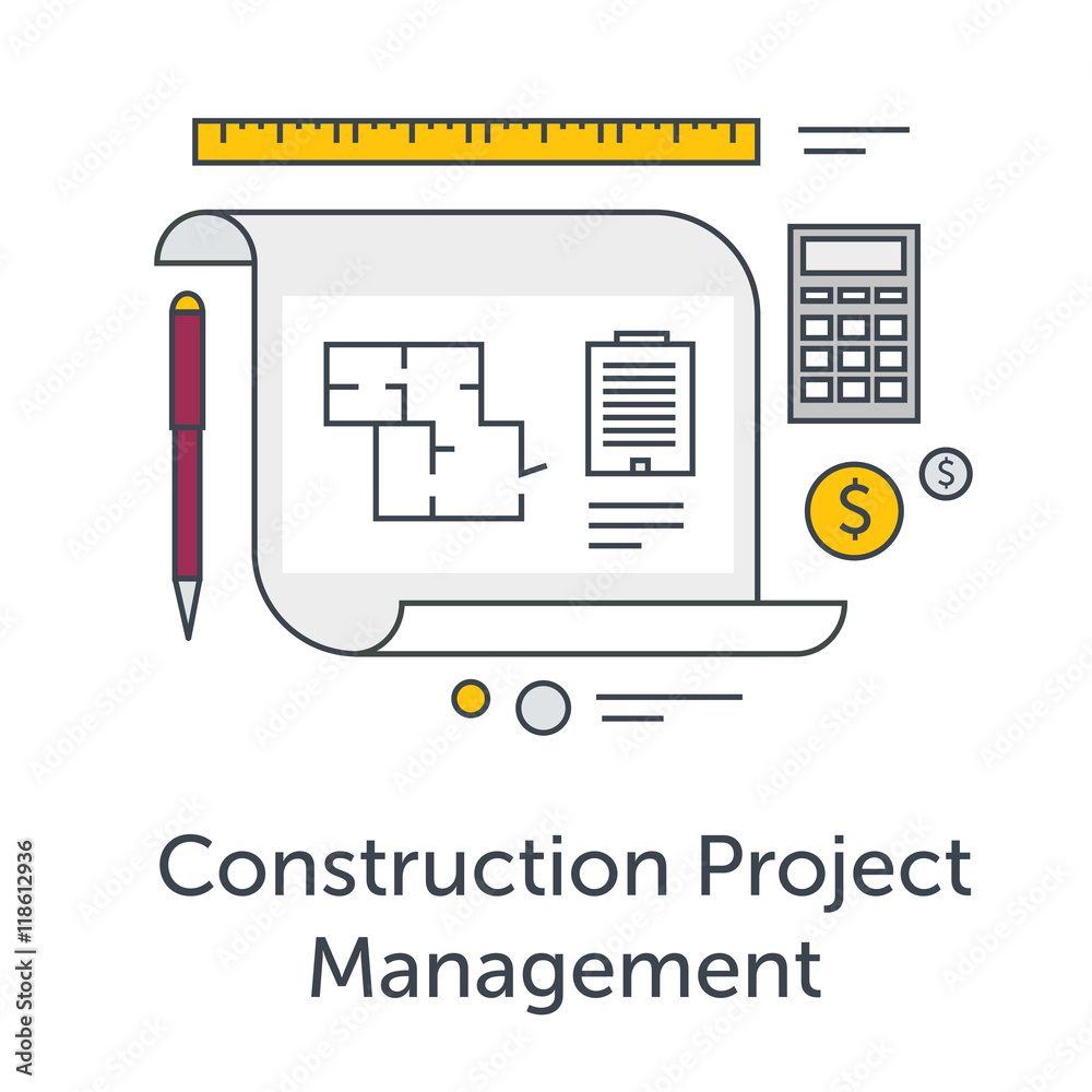 Construction Project Management thin line flat icons. Architects ...