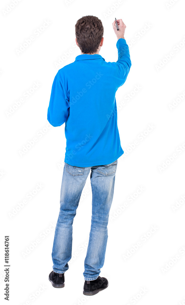 back view of writing business man. Rear view people collection ...
