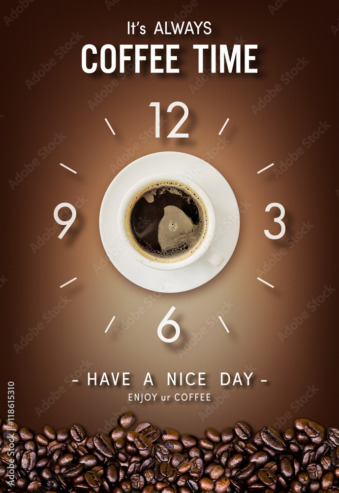 happy time. coffee cup and coffee bean on brown paper background. over ...