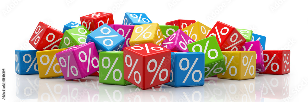 bunte, farbenfrohe Würfel mit Prozentzeichen - Rabatt Stock ...