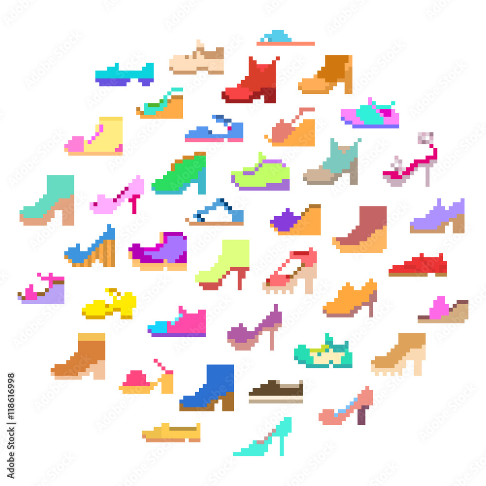 Big pixel art set, 40 different types of woman's shoes Stock Vector ...