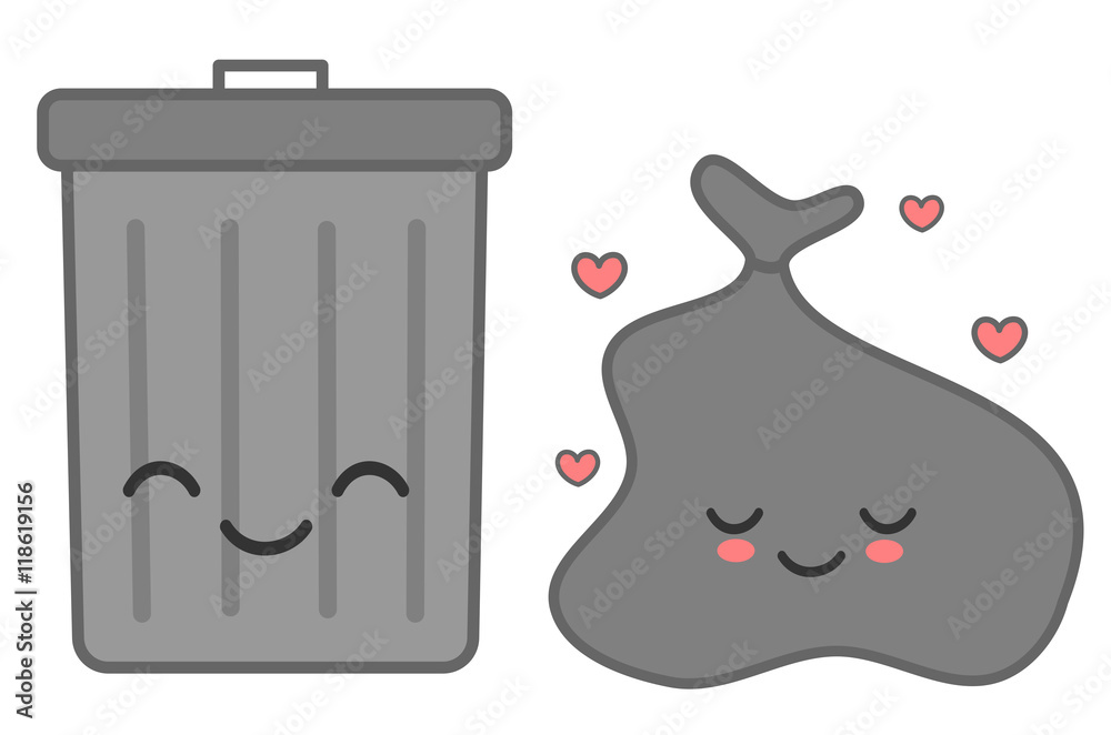 cute cartoon garbage and garbage bin in love funny cute vector ...
