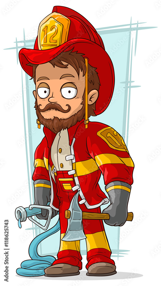 Cartoon bearded fireman with fire-pump Stock Vector | Adobe Stock