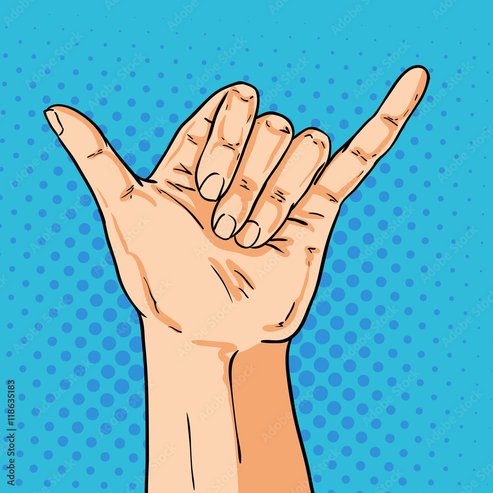 Vector hand shoving shaka gesture. Illustration in pop art comic Stock ...
