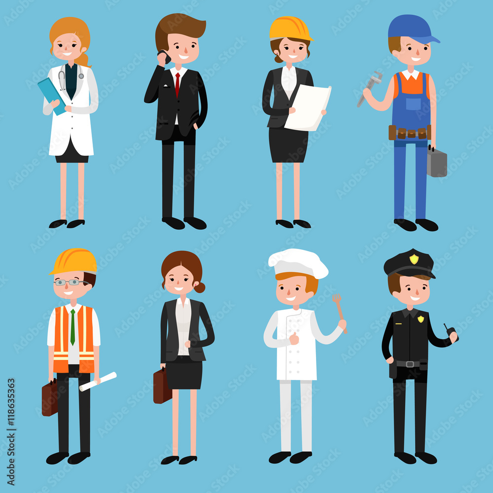 set of cartoon vector characters of different professions isolated on ...