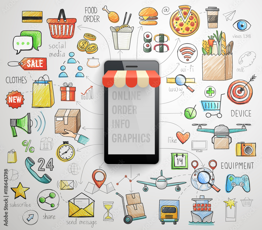 Online Order Smart Phone infographics - hand drawn style. Stock Vector ...