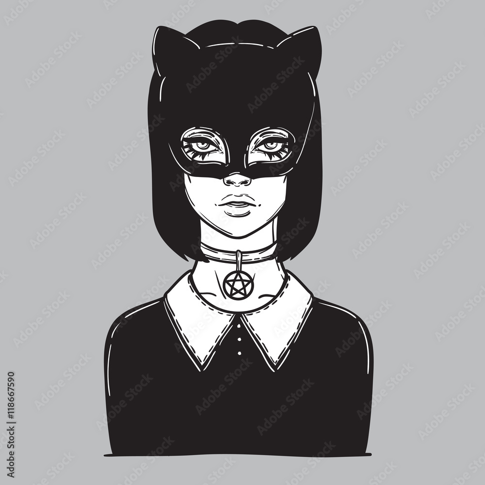 Beautiful Cat Woman with the Carnival mask. Gothic girl in a mask of a ...