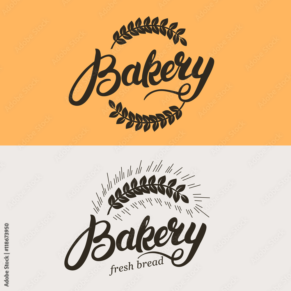 Set of bakery and bread logo. Wheat ears. Hand written lettering ...
