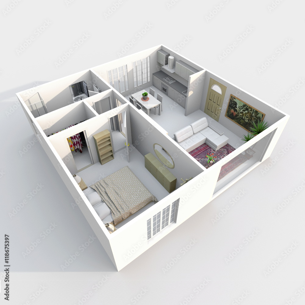 3d interior rendering perspective view of furnished home apartment ...
