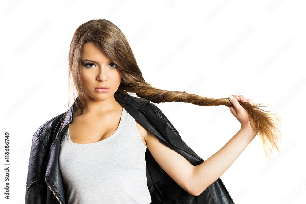 Gorgeous young woman pulling her long blonde hair, isolated on white ...