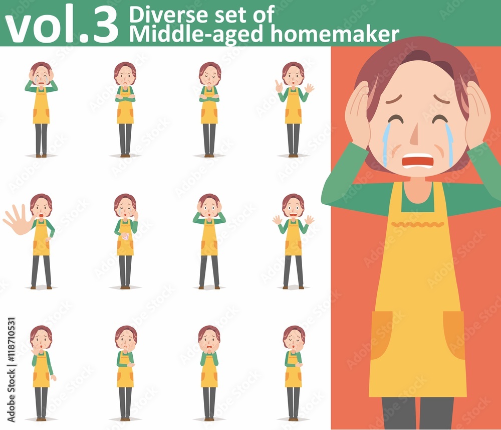 Diverse set of middle-aged homemaker wearing an apron on white ...