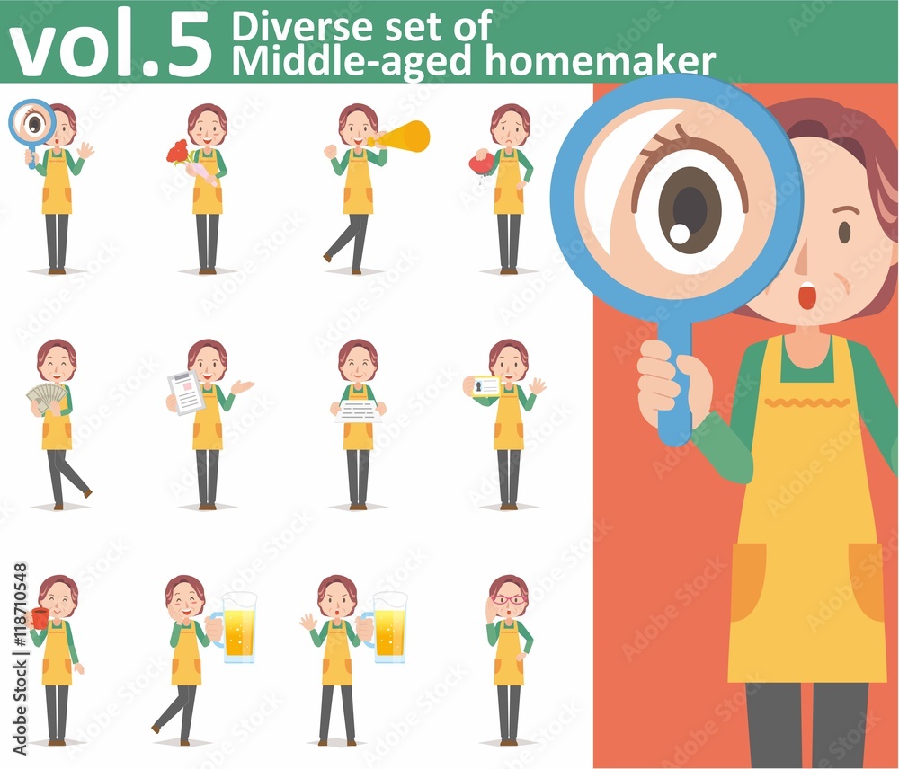 Diverse set of middle-aged homemaker wearing an apron on white ...