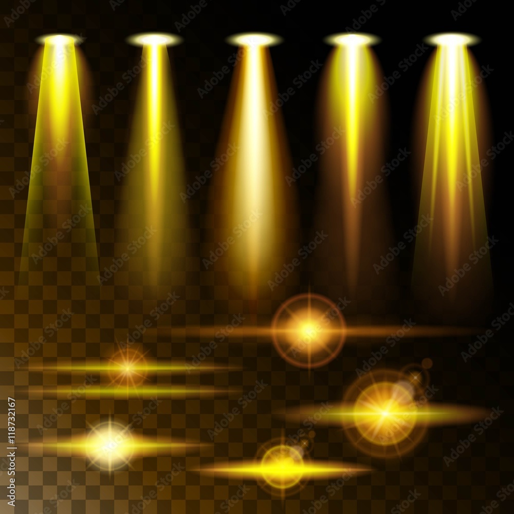 Set realistic yellow light shining bright glare of lamps, a set of ...