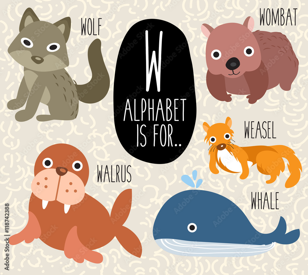 Cute Animal Alphabet Set : Letter W : Vector Illustration Stock Vector ...