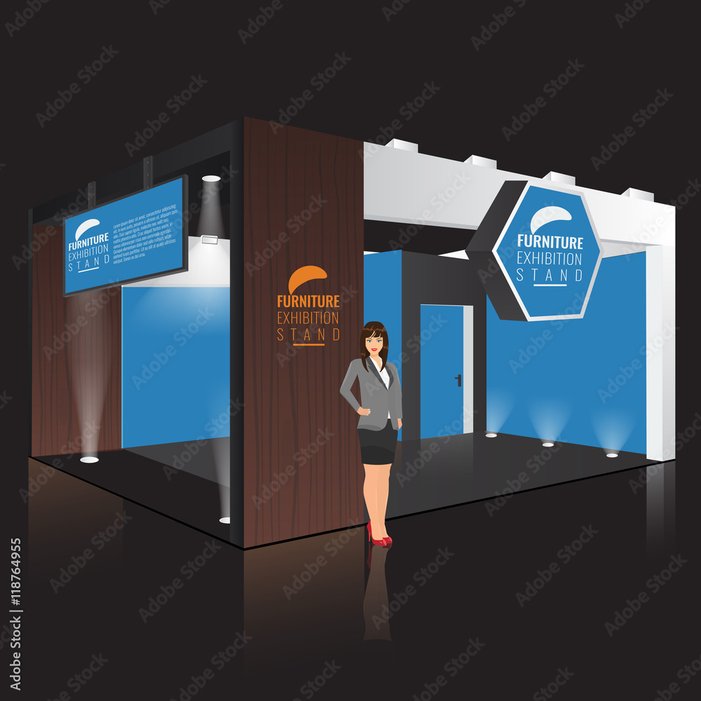 Vetor de Creative exhibition stand display design with info board ...