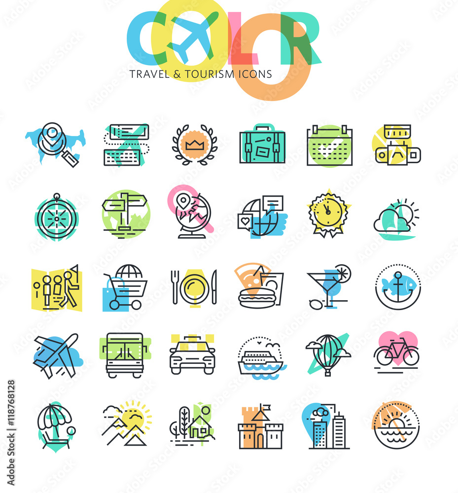 Flat line icons set of travel and tourism services, trip planning ...
