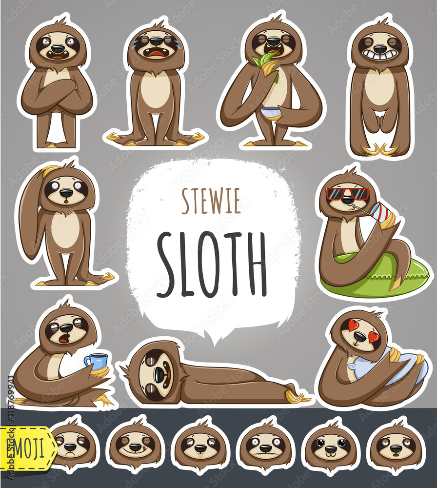 Cartoon Sloth Character. Emoticon Stickers With Different Emotions ...