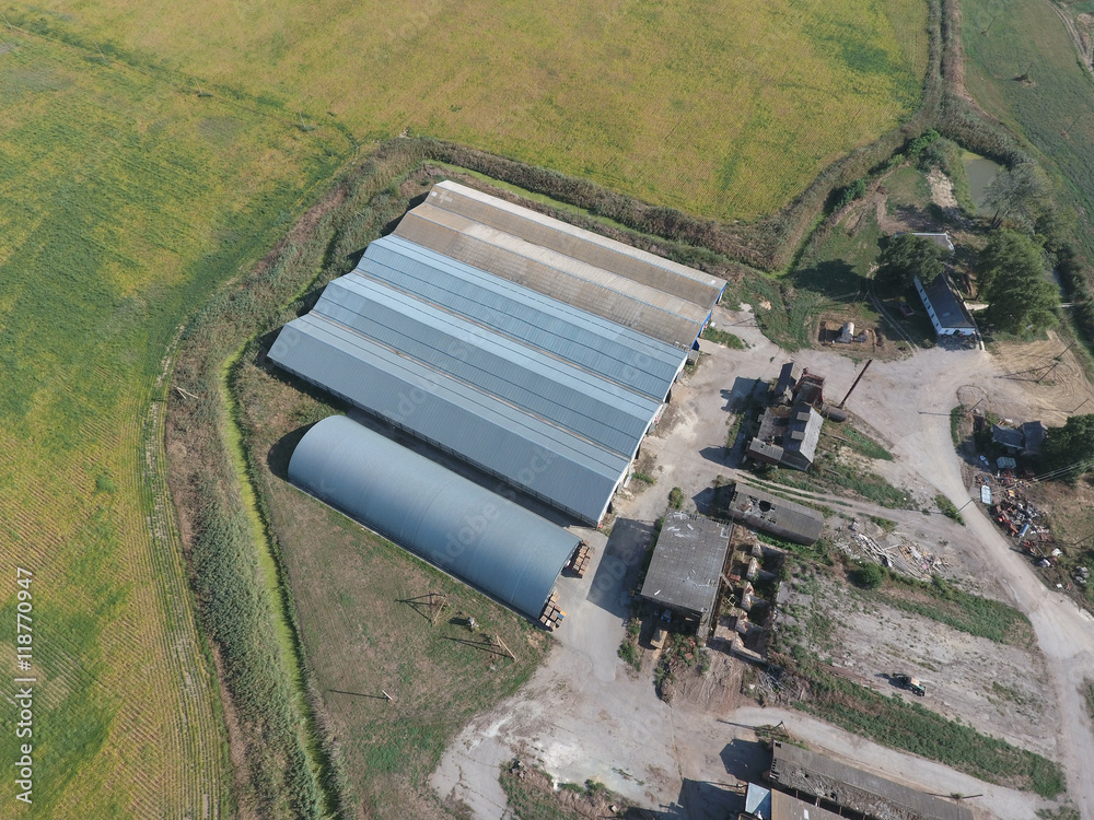 Top view of the hangars. Hangar of galvanized metal sheets for the ...