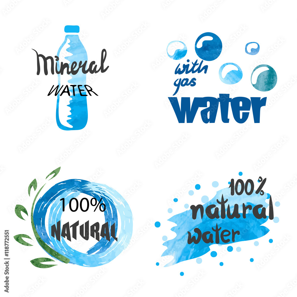 Set of hand drawn watercolor symbols and signs of pure water. Vector ...