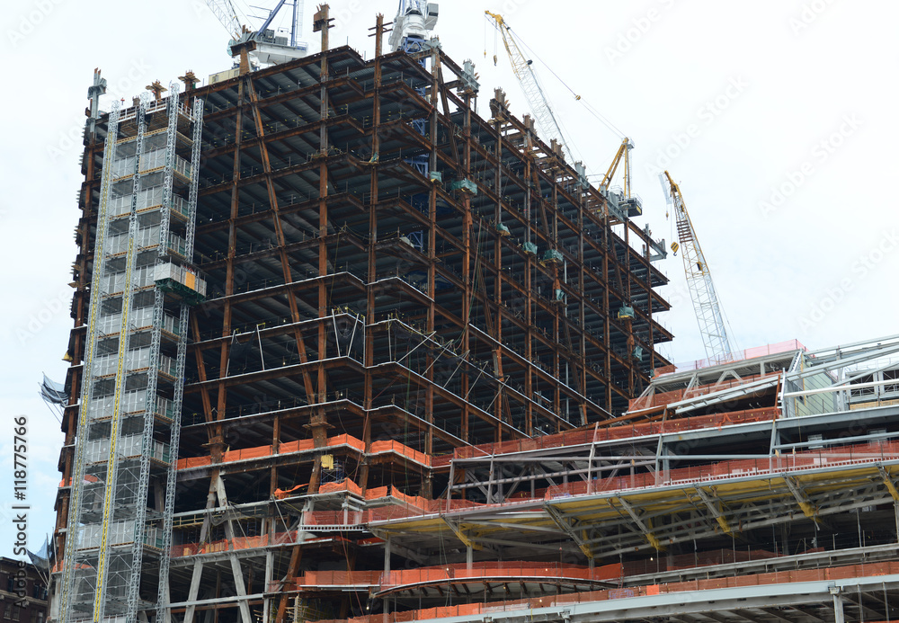 Construction site of new commercial building with skeleton buildings ...