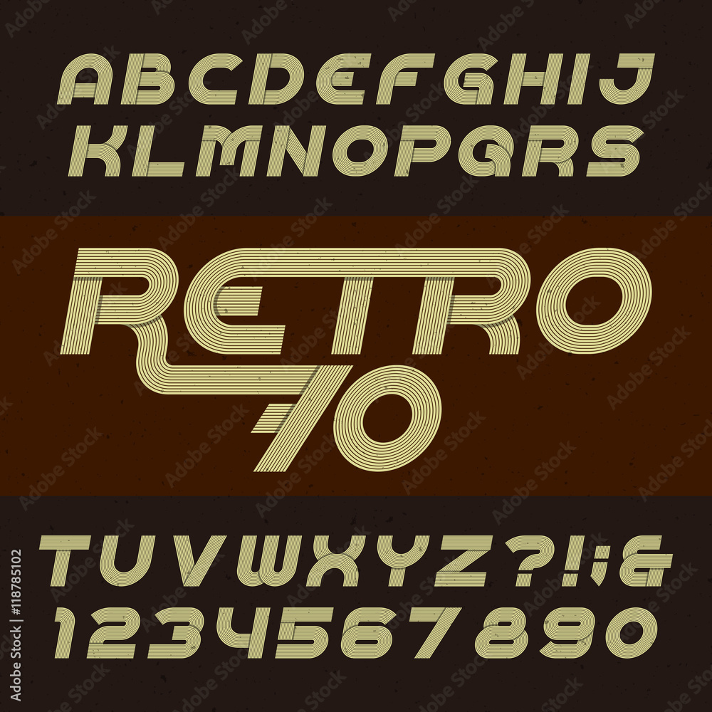 Retro stripe alphabet vector font. Funky oblique type letters, numbers ...