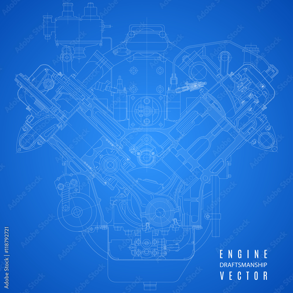 blueprint engine, project technical drawing on the blue background ...