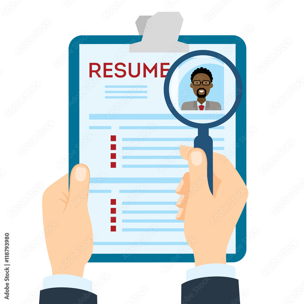 African american man resume with magnifier at the table. Cv resume ...