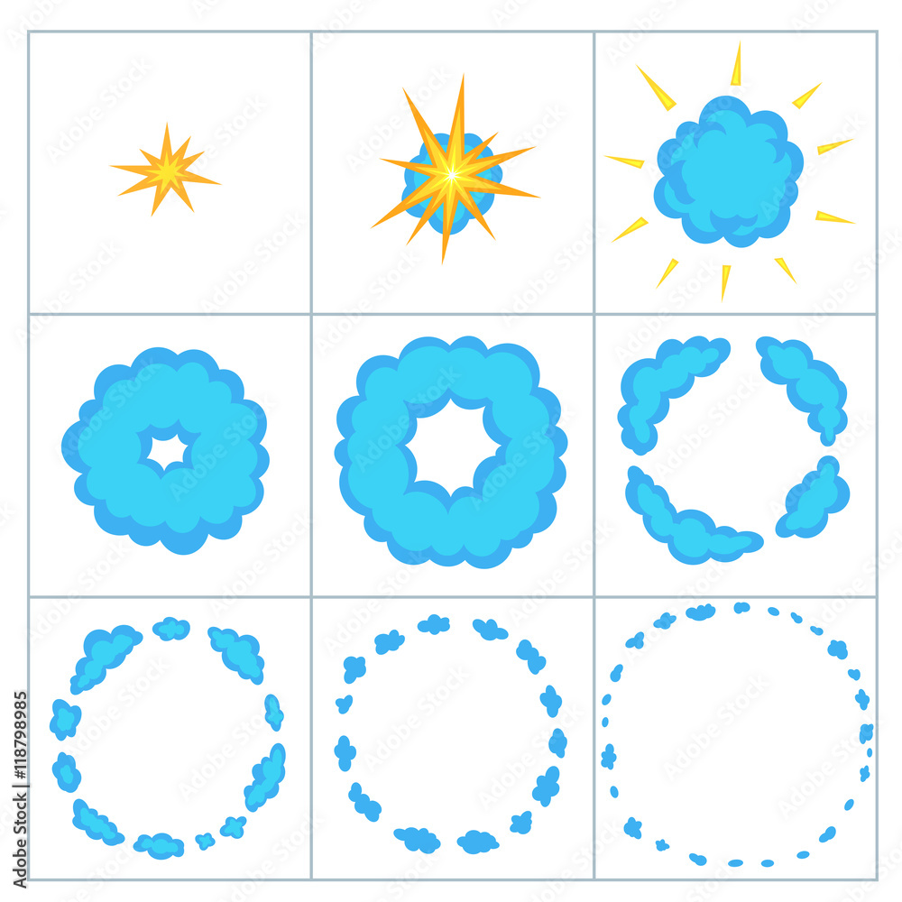 Explode effect animation with smoke. Cartoon bang explosion frames for ...