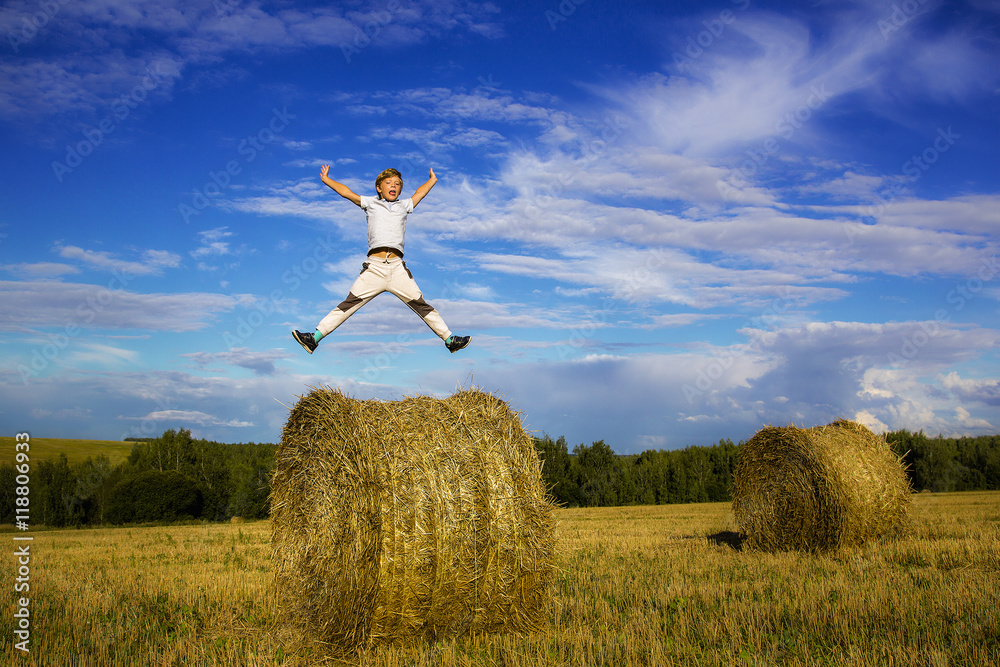 Smiling boy jumping in a haystack on the background of blue sky Stock ...