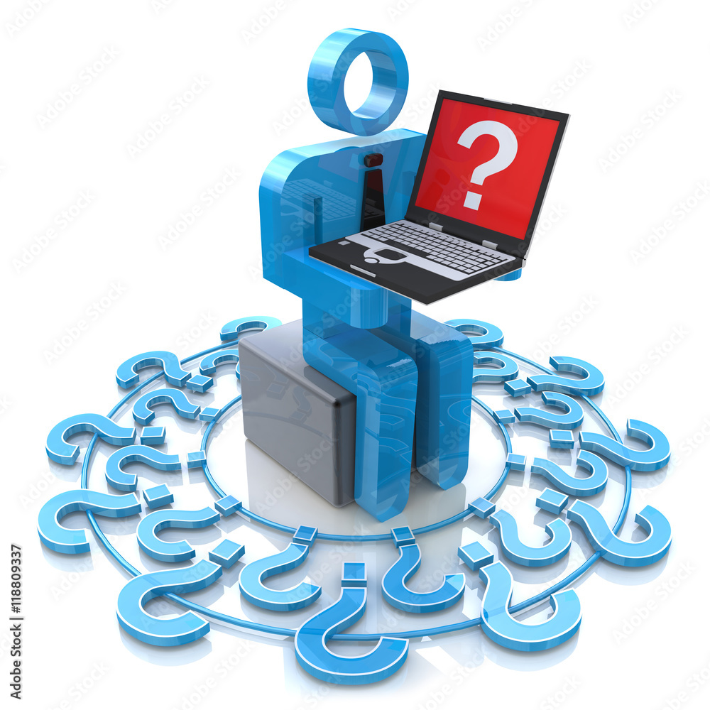 Confused. 3d people - man, person with a laptop and question mar Stock ...
