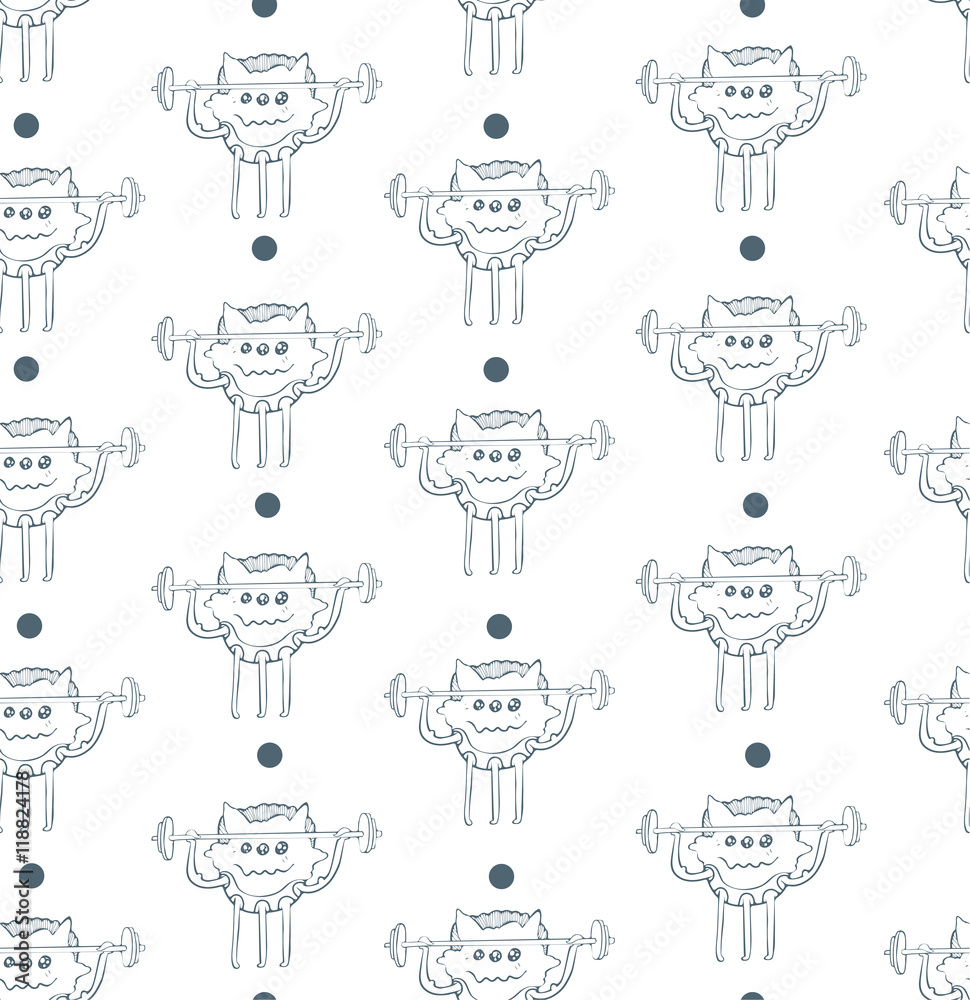 Seamless vector illustration with cute little monster training with ...