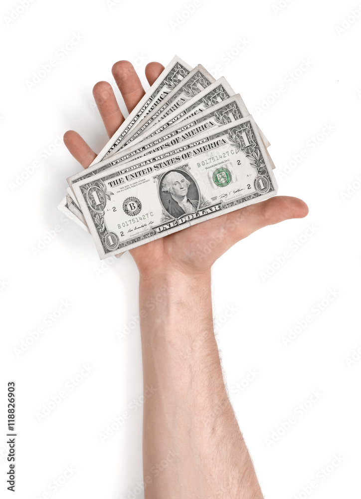 Close up view of a man's hand holding one dollar bills isolated on ...