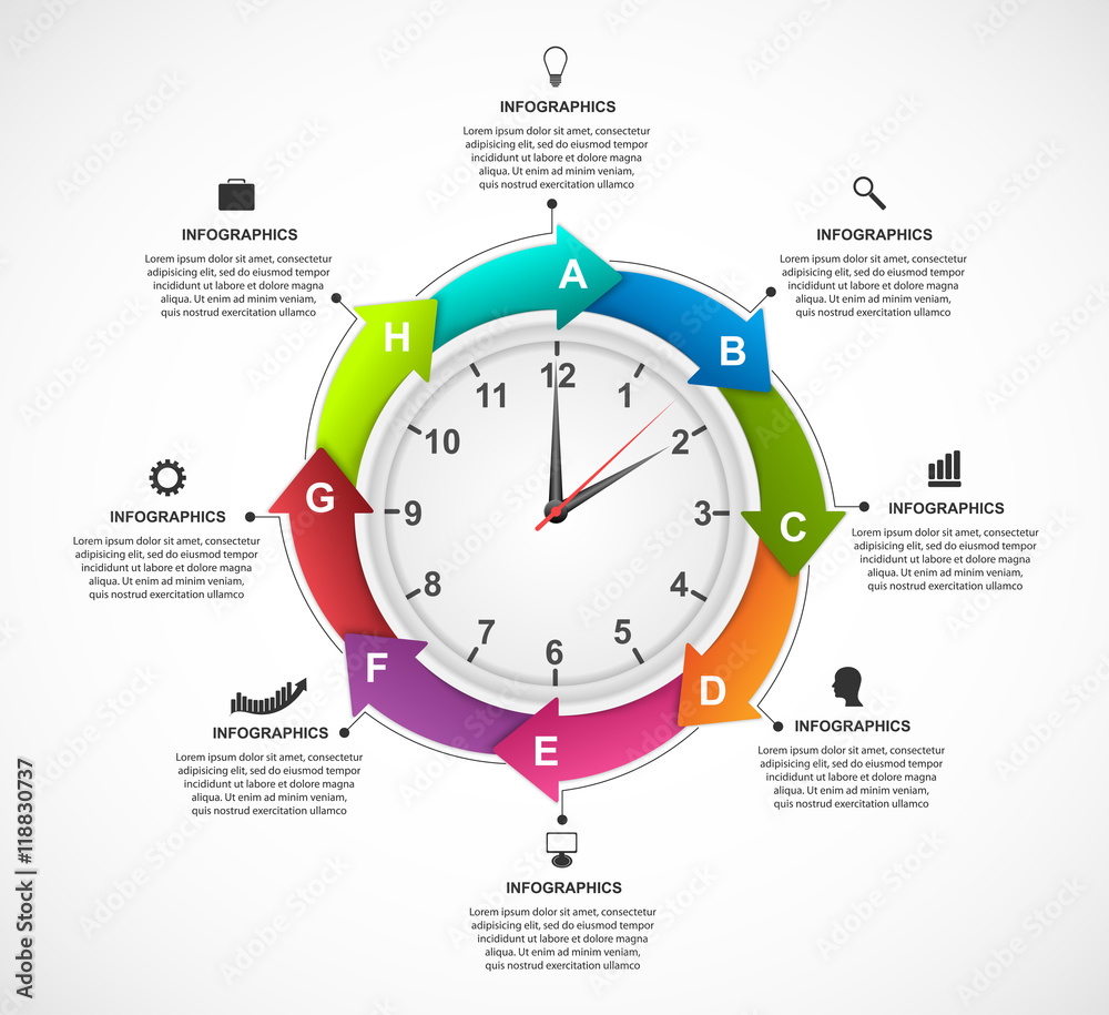 Design infographics clock with arrows in a circle for presentations and ...