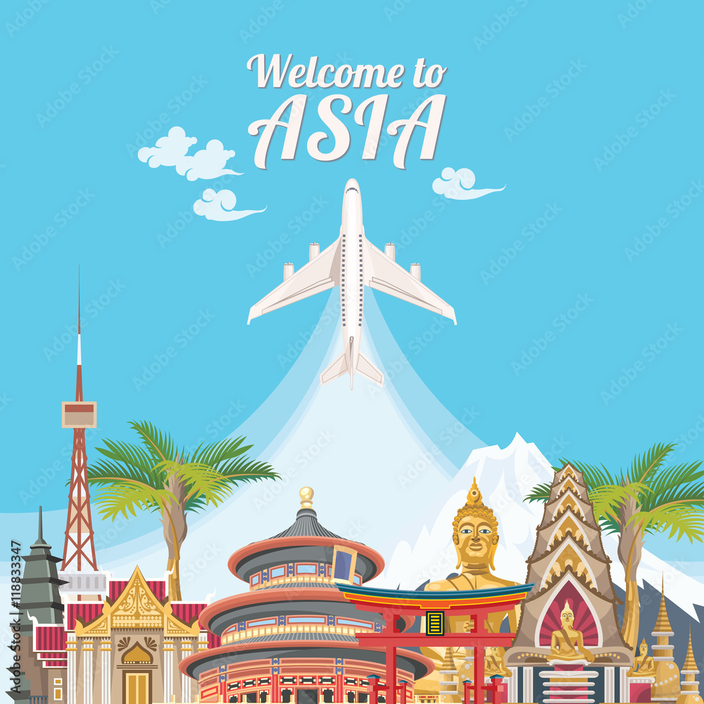 Asia detailed poster. Travel composition with famous asian landmarks ...