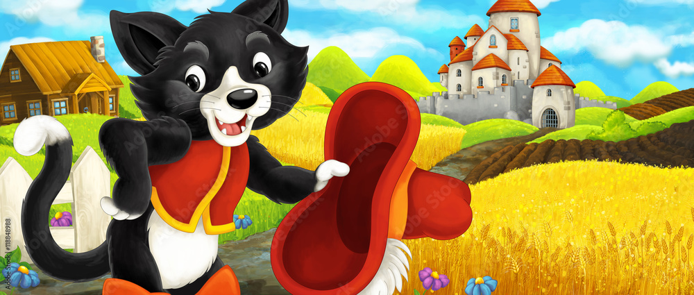 Cartoon scene - cat traveling to the castle on the hill - illustration ...