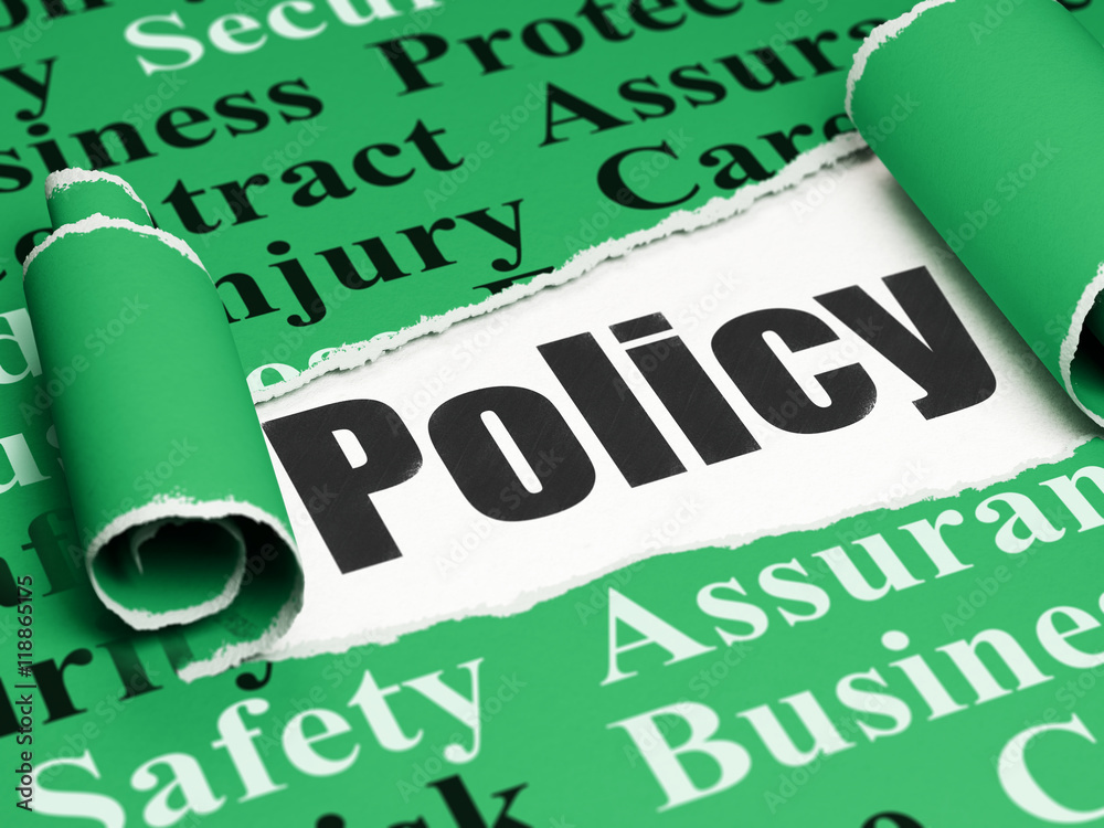 Insurance concept: black text Policy under the piece of torn paper ...