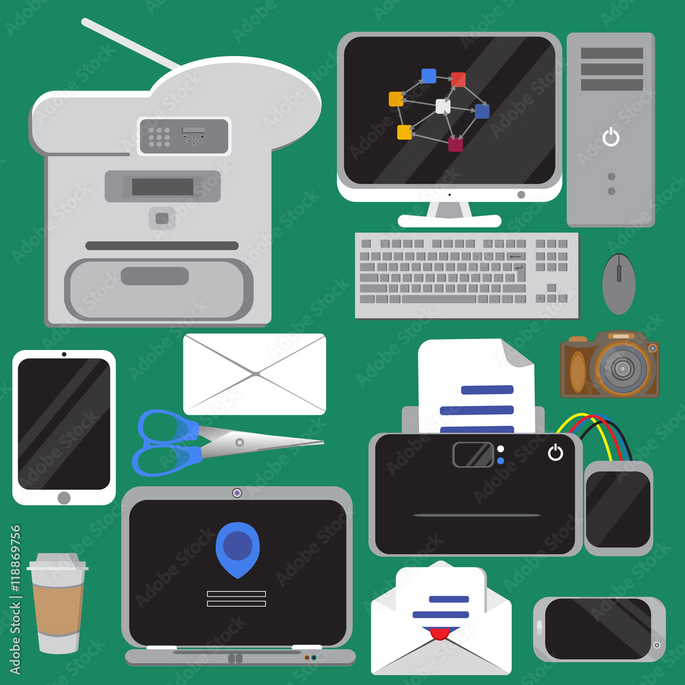 Set of vector flat design concept icons of office equipment Stock ...