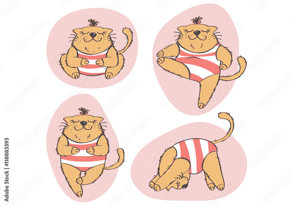 Cute, colorful set of funny cat practicing yoga. Vector drawing of cat ...
