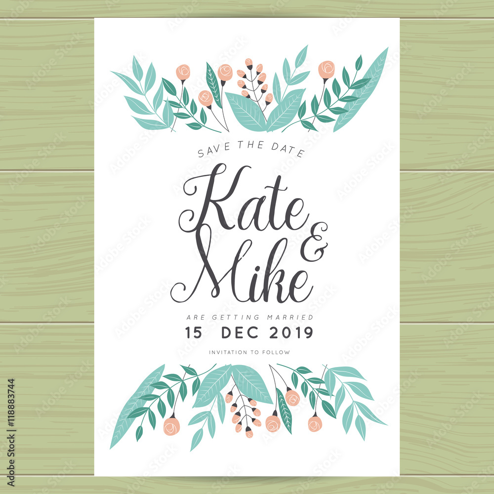 Save The Date Wedding Invitation Card With Hand Drawn Wreath Flower