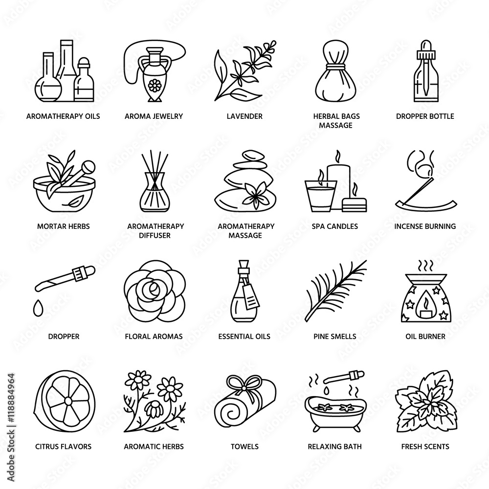 Modern vector line icons of aromatherapy and essential oils. Elements ...