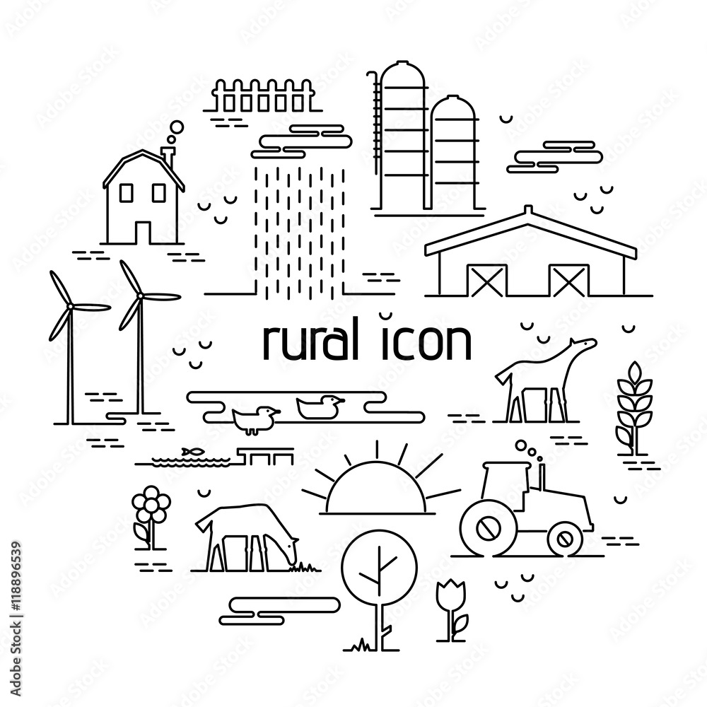 Thin line flat design rural landscape icon. Set elements with house and ...