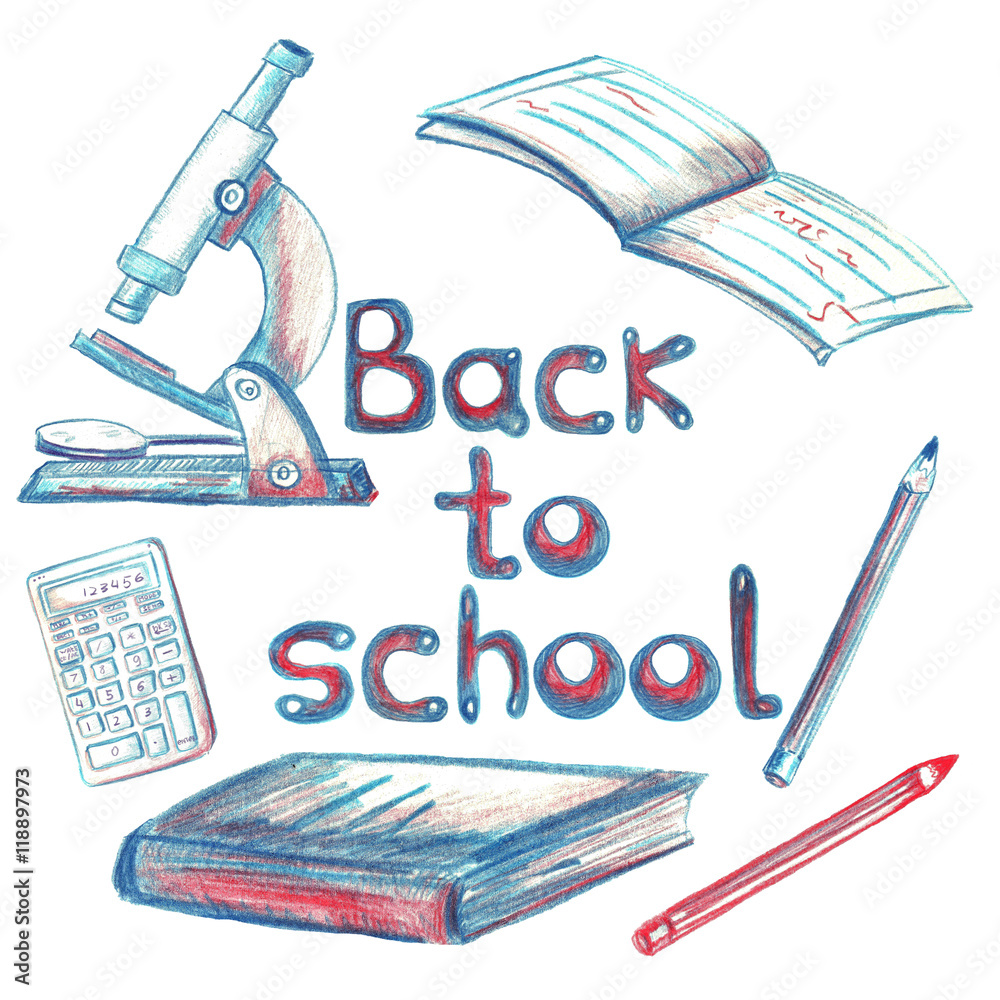 Hand drawn colorful poster BACK TO SCHOOL. Hand written text. Sketches ...