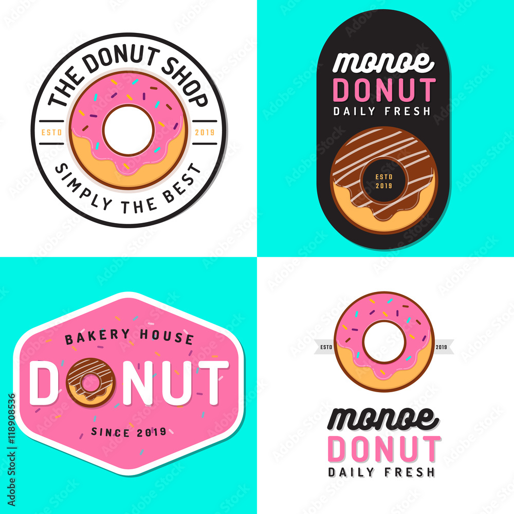Set of badges, banner, labels and logos for donut shop and bakery ...